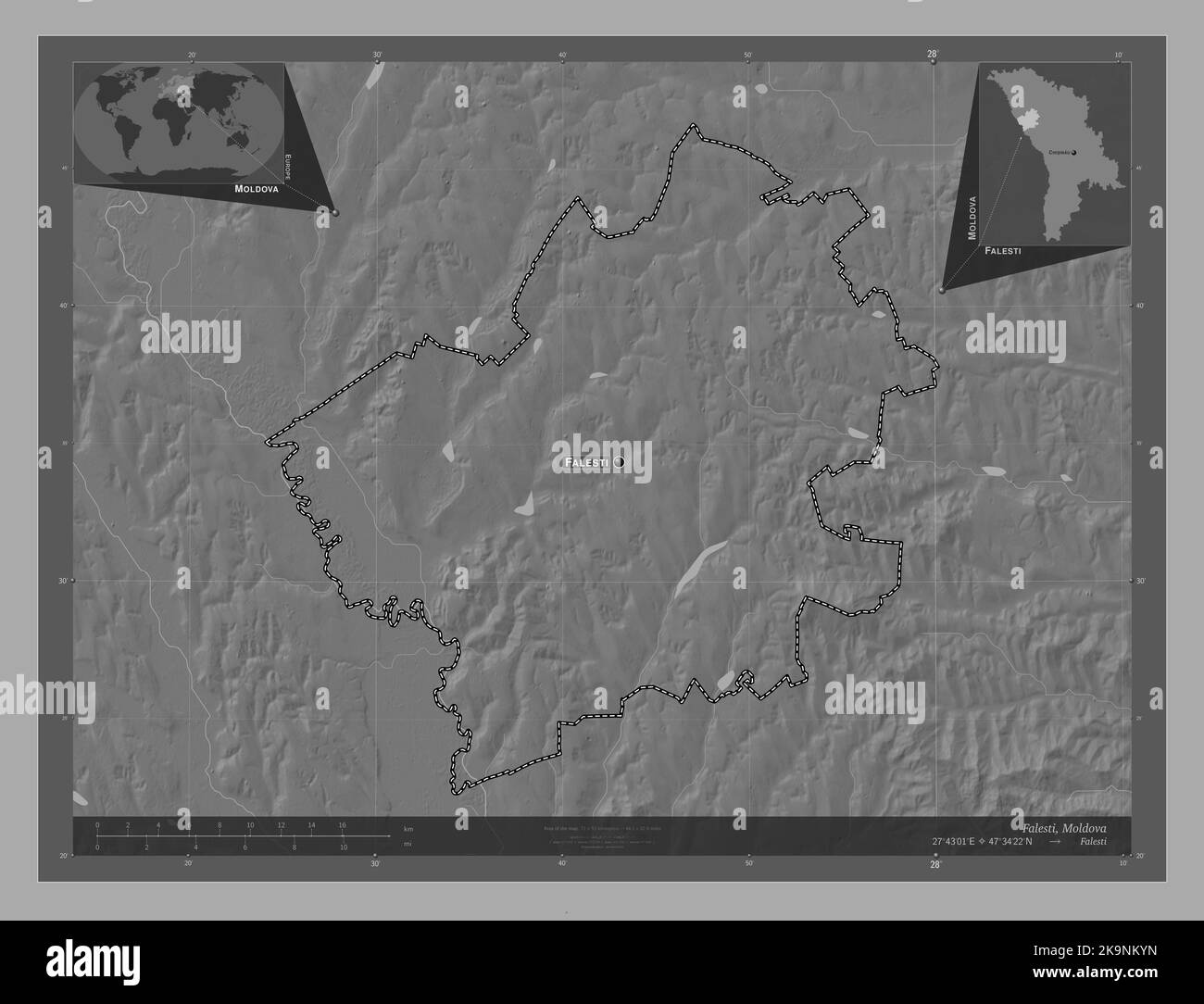 Falesti, district of Moldova. Bilevel elevation map with lakes and ...