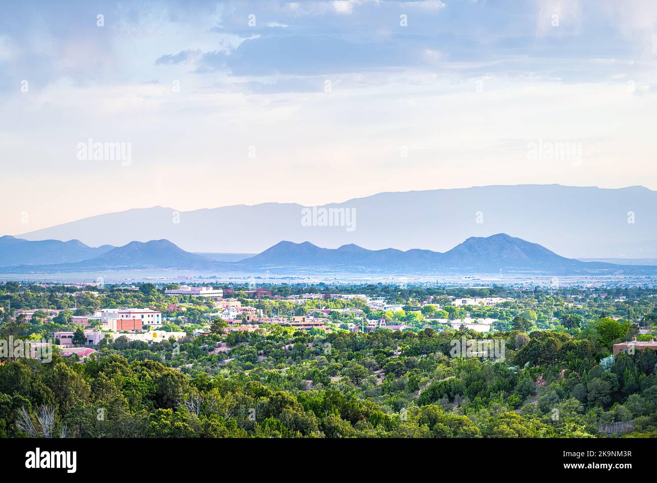 Sunset in Santa Fe, New Mexico skyline with golden hour light, summer ...