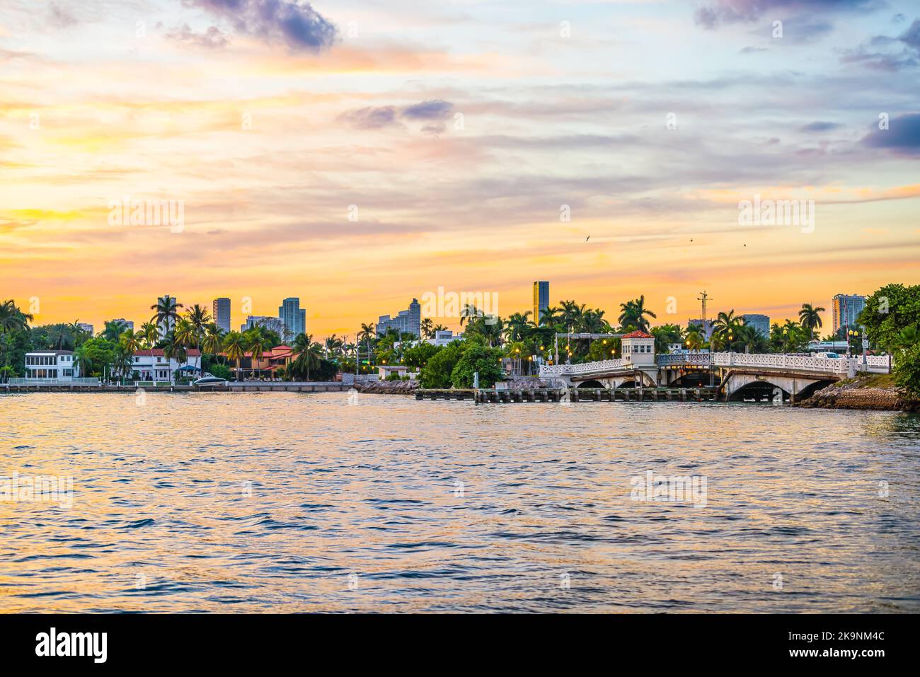Downtown Miami Florida cityscape skyline by Venetian causeway bridge ...