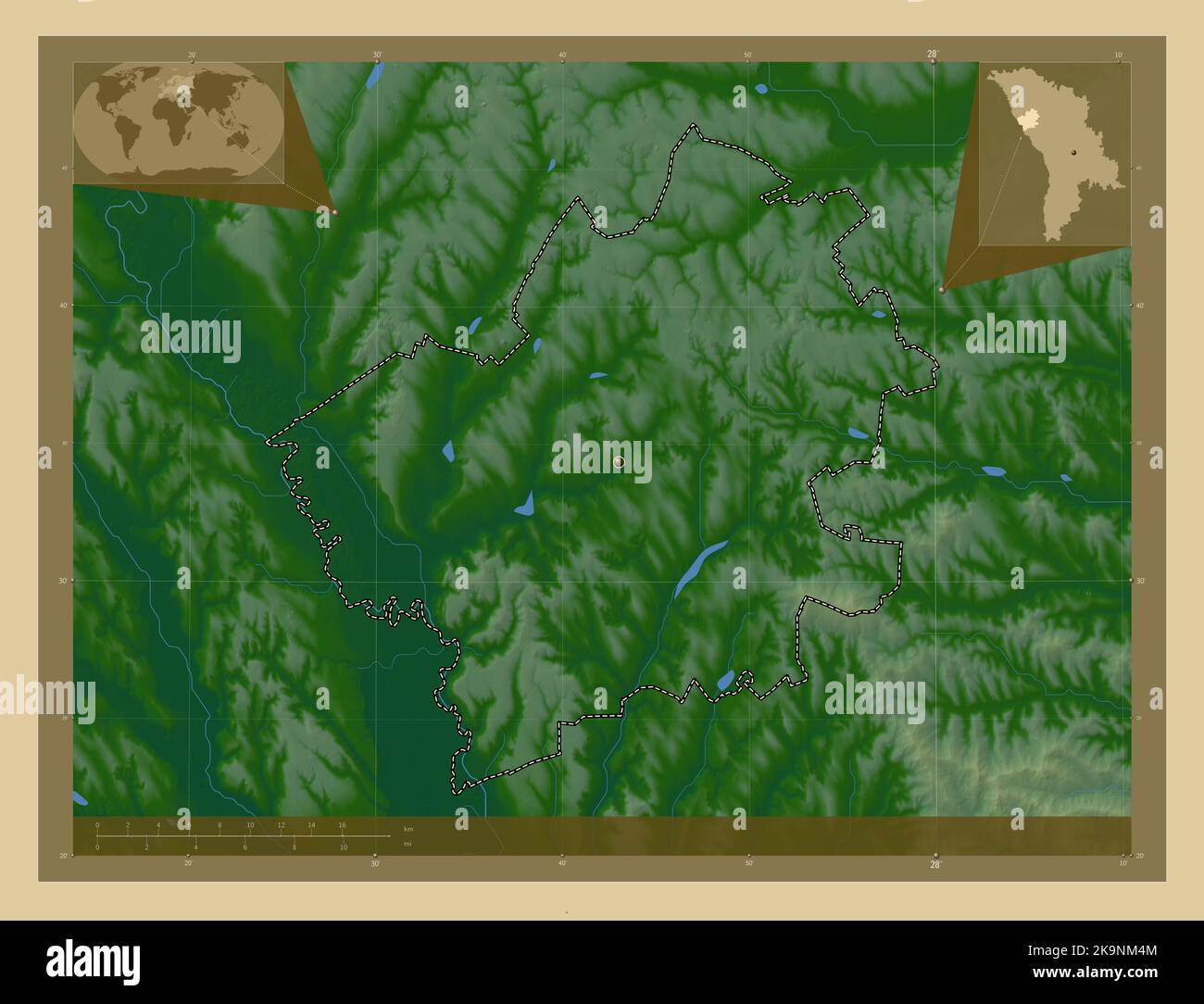 Falesti, district of Moldova. Colored elevation map with lakes and ...