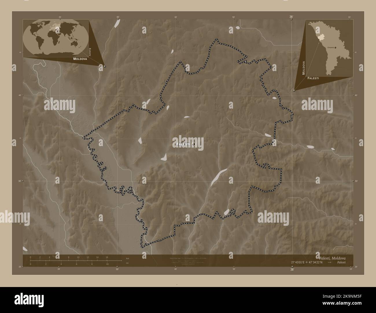 Falesti, district of Moldova. Elevation map colored in sepia tones with ...