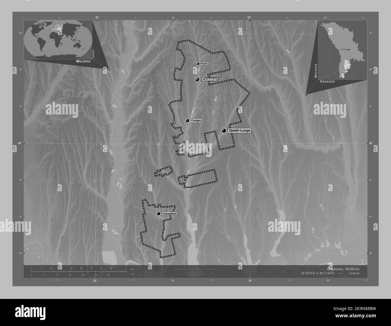Gagauzia, autonomous territory of Moldova. Grayscale elevation map with ...