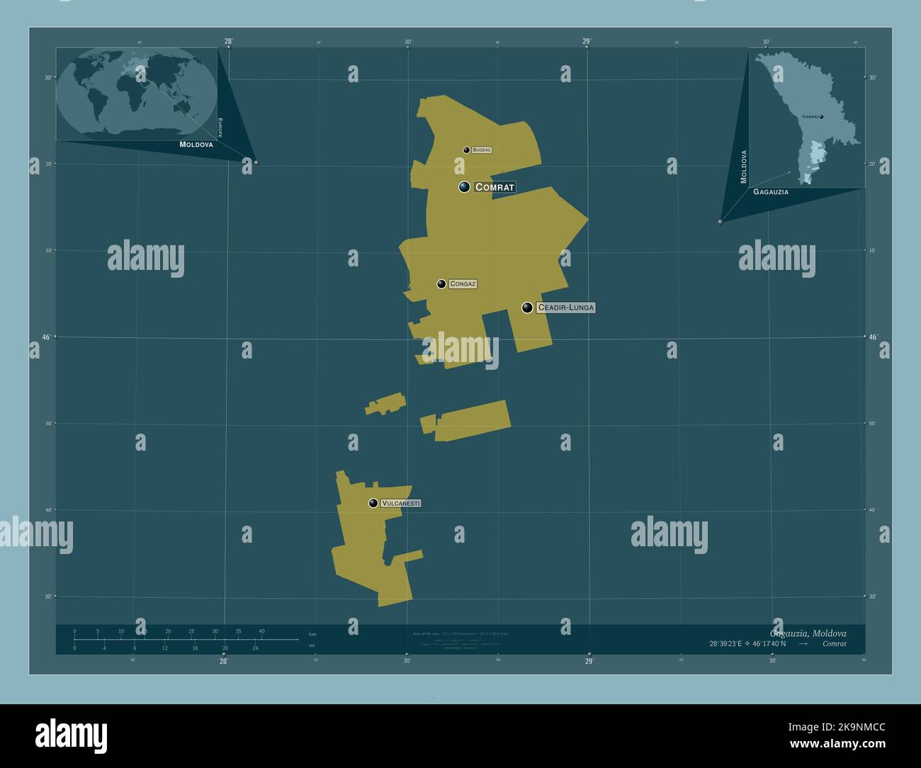 Gagauzia, autonomous territory of Moldova. Solid color shape. Locations ...