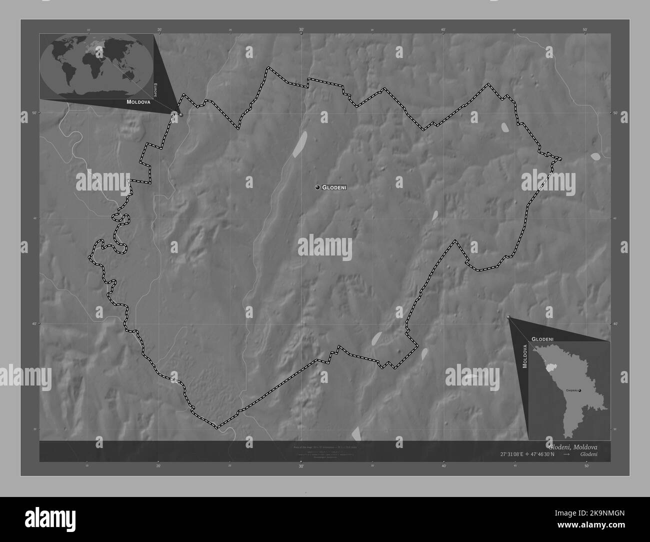 Glodeni, district of Moldova. Bilevel elevation map with lakes and ...