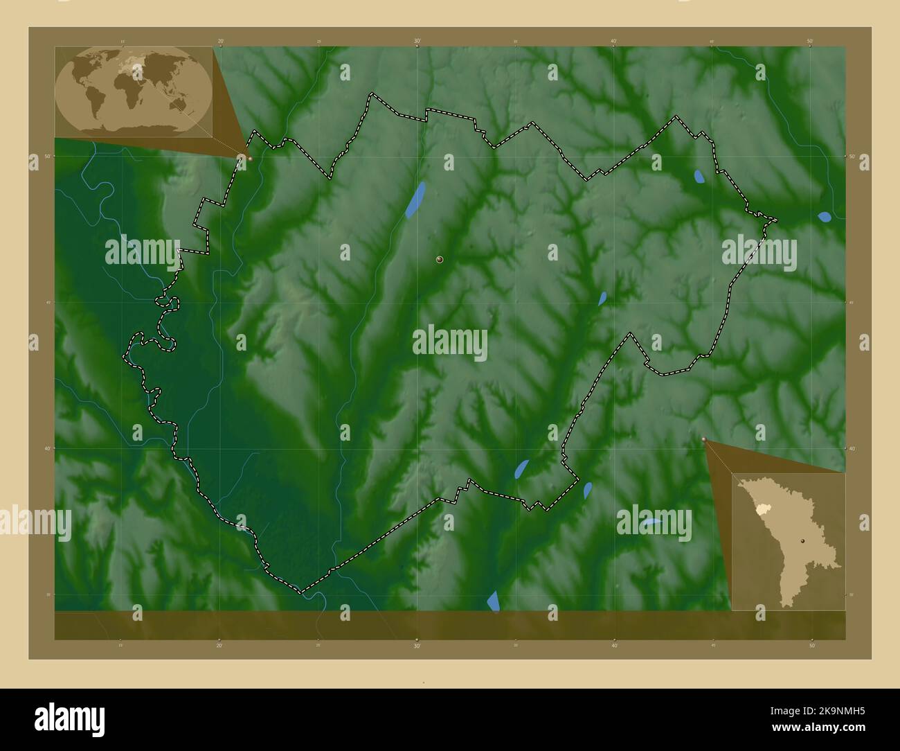 Glodeni, district of Moldova. Colored elevation map with lakes and ...