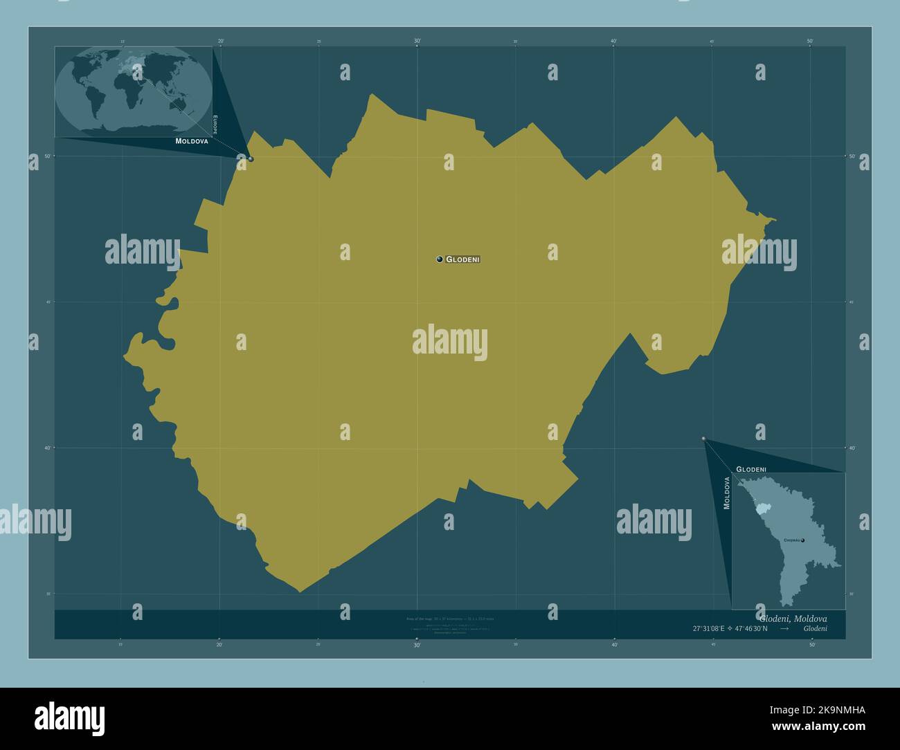 Glodeni, district of Moldova. Solid color shape. Locations and names of ...