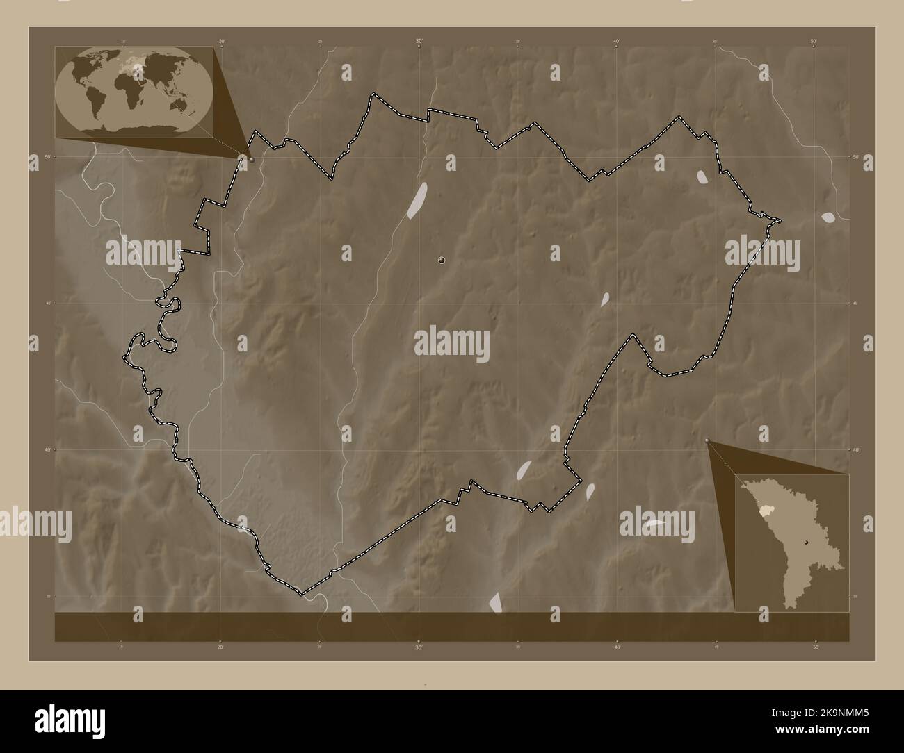 Glodeni, district of Moldova. Elevation map colored in sepia tones with ...