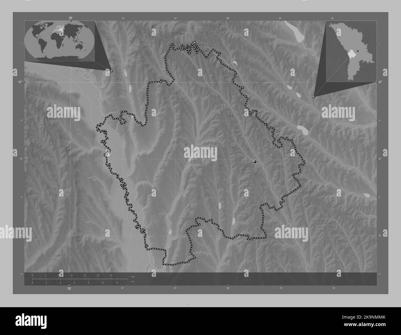 Hincesti, district of Moldova. Grayscale elevation map with lakes and rivers. Corner auxiliary ...