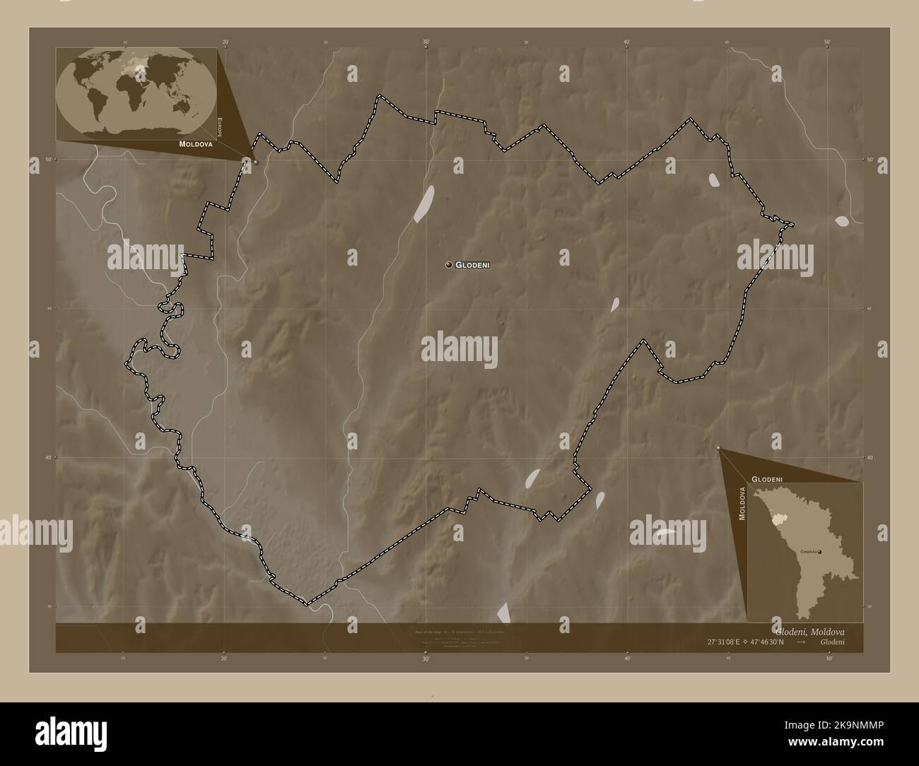 Glodeni, district of Moldova. Elevation map colored in sepia tones with ...