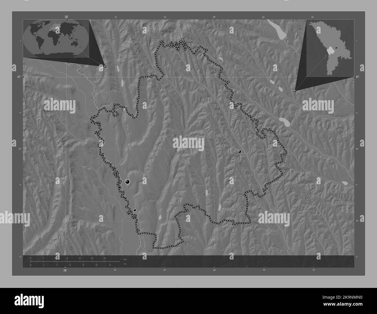 Hincesti, district of Moldova. Bilevel elevation map with lakes and ...
