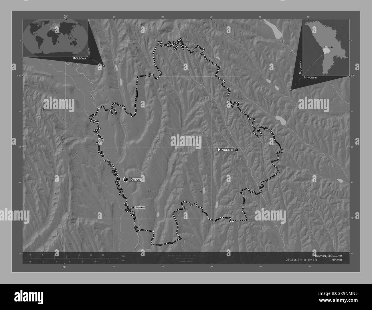 Hincesti, district of Moldova. Bilevel elevation map with lakes and ...
