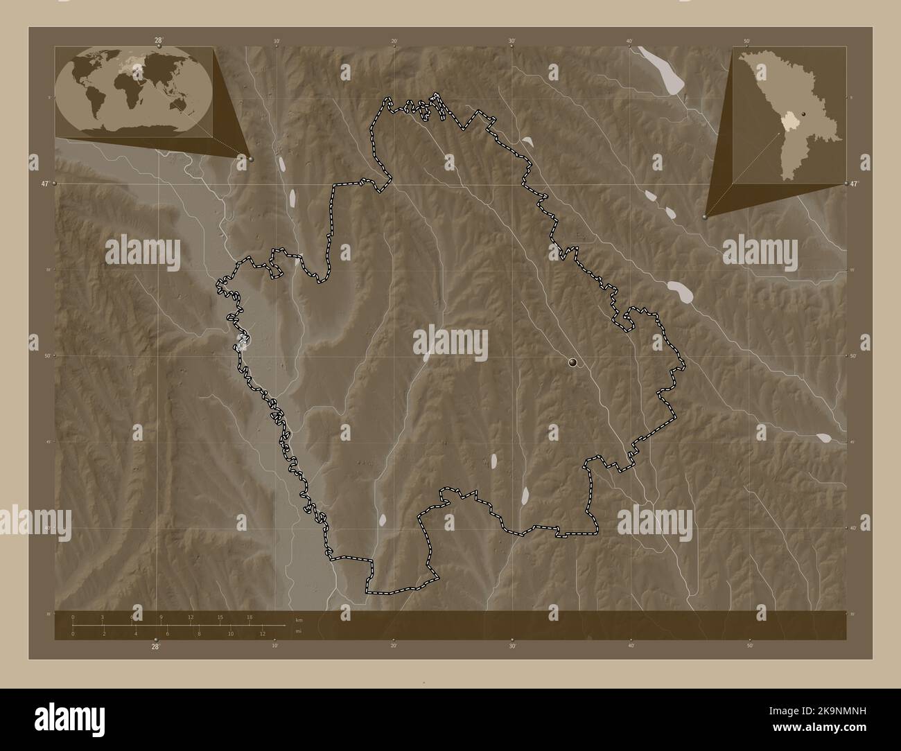 Hincesti, district of Moldova. Elevation map colored in sepia tones ...