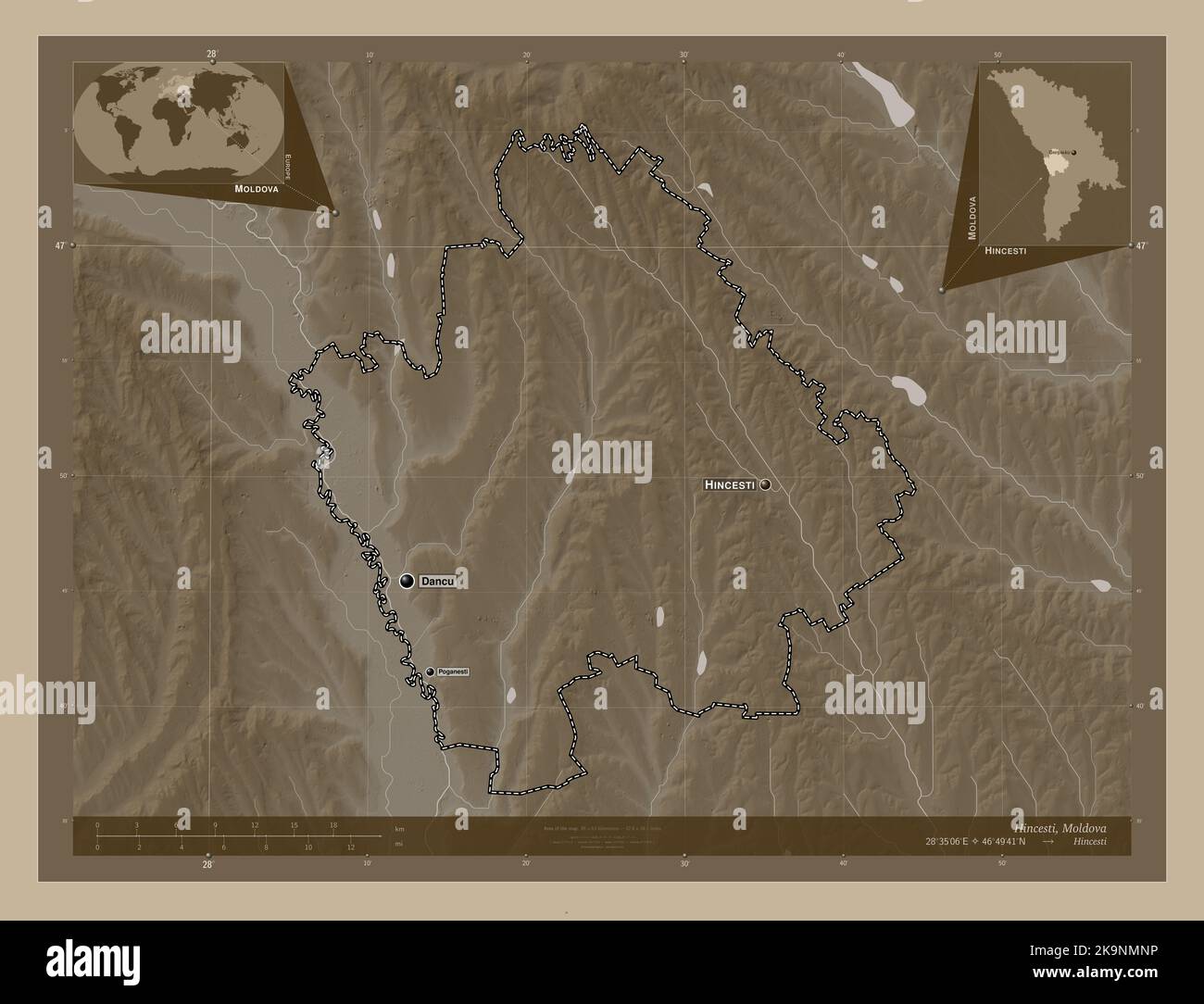 Hincesti, district of Moldova. Elevation map colored in sepia tones ...