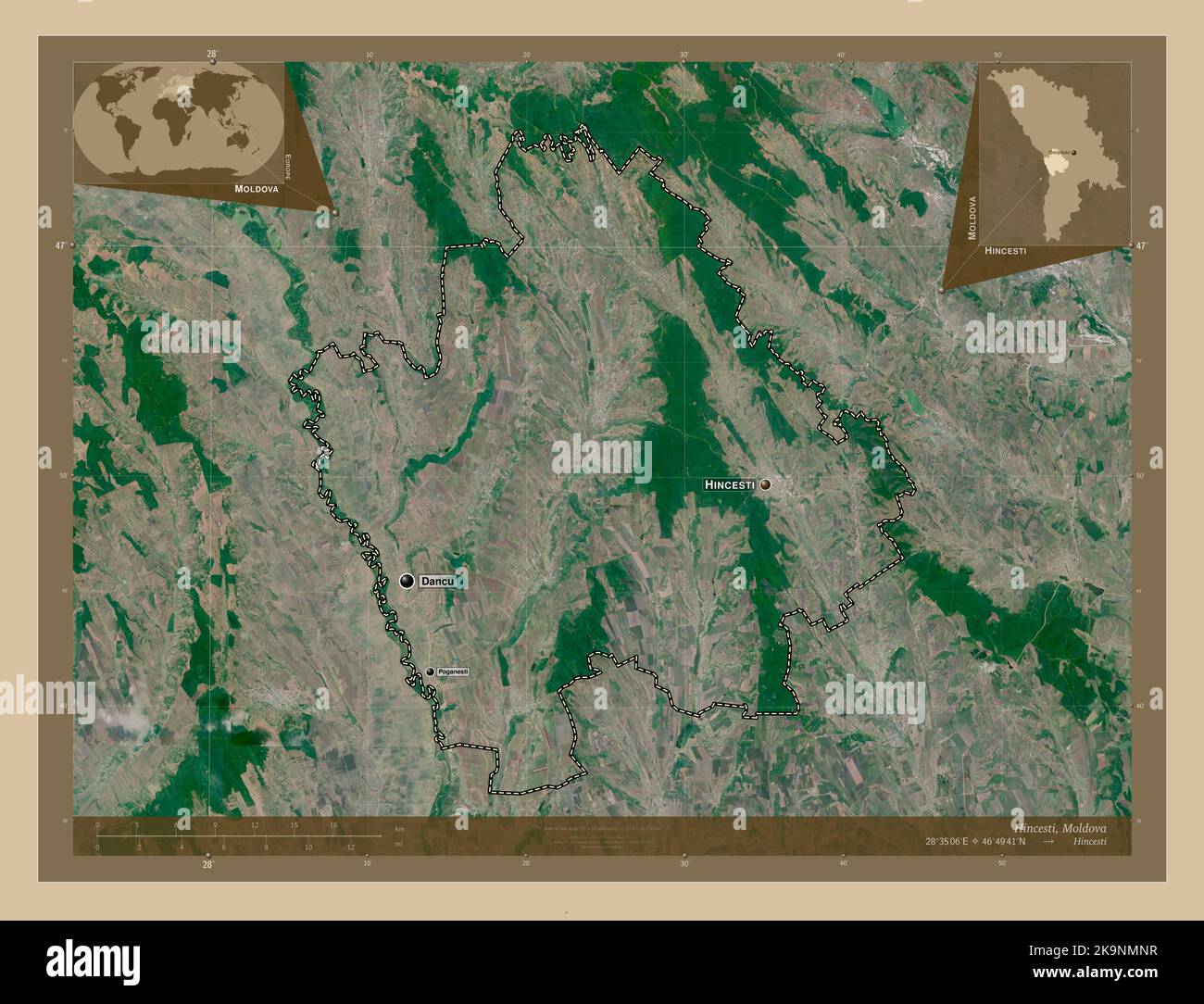 Hincesti, district of Moldova. Low resolution satellite map. Locations ...