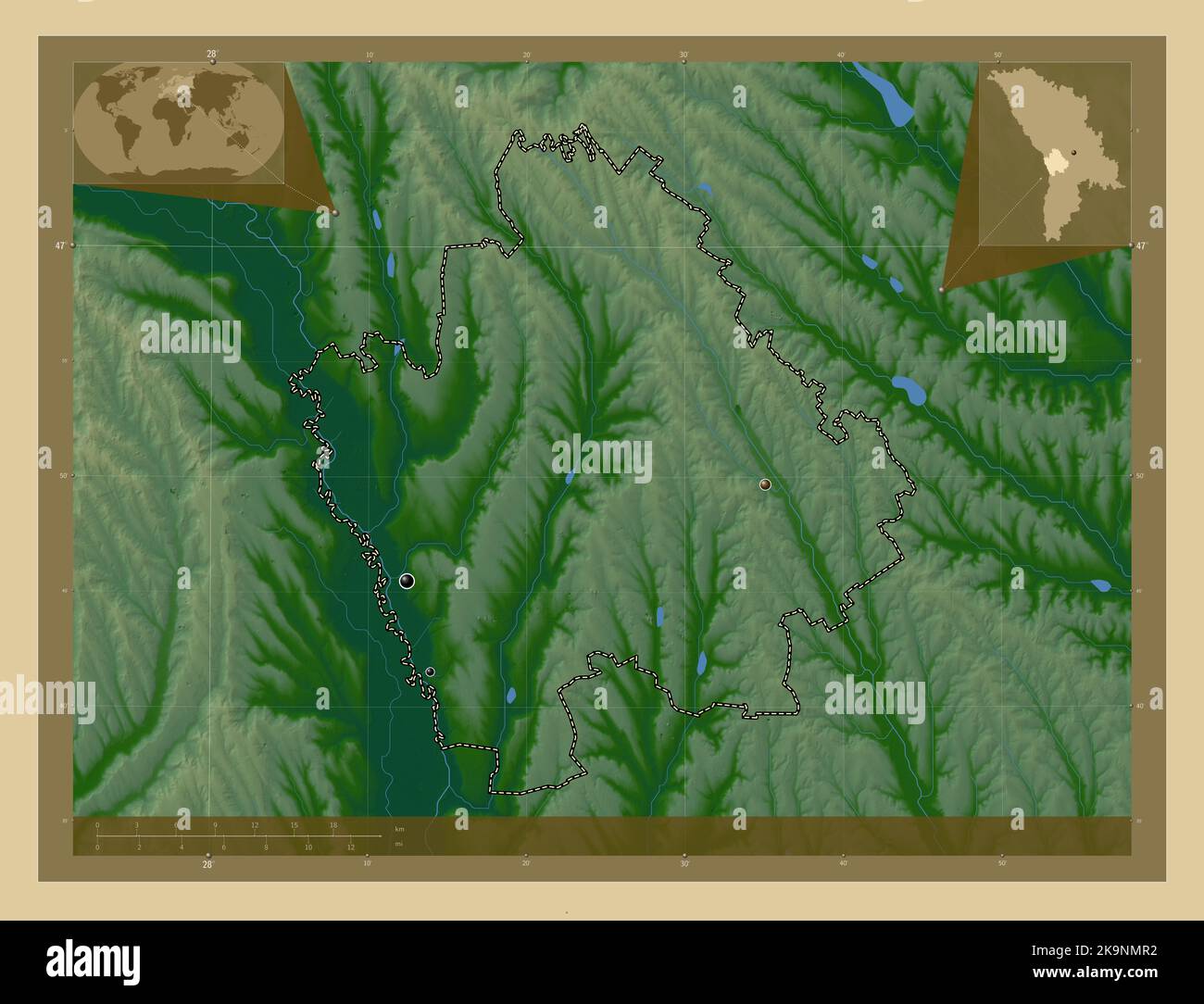 Hincesti, district of Moldova. Colored elevation map with lakes and ...