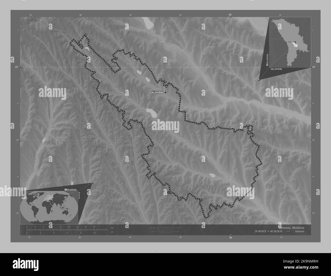Ialoveni, district of Moldova. Grayscale elevation map with lakes and ...