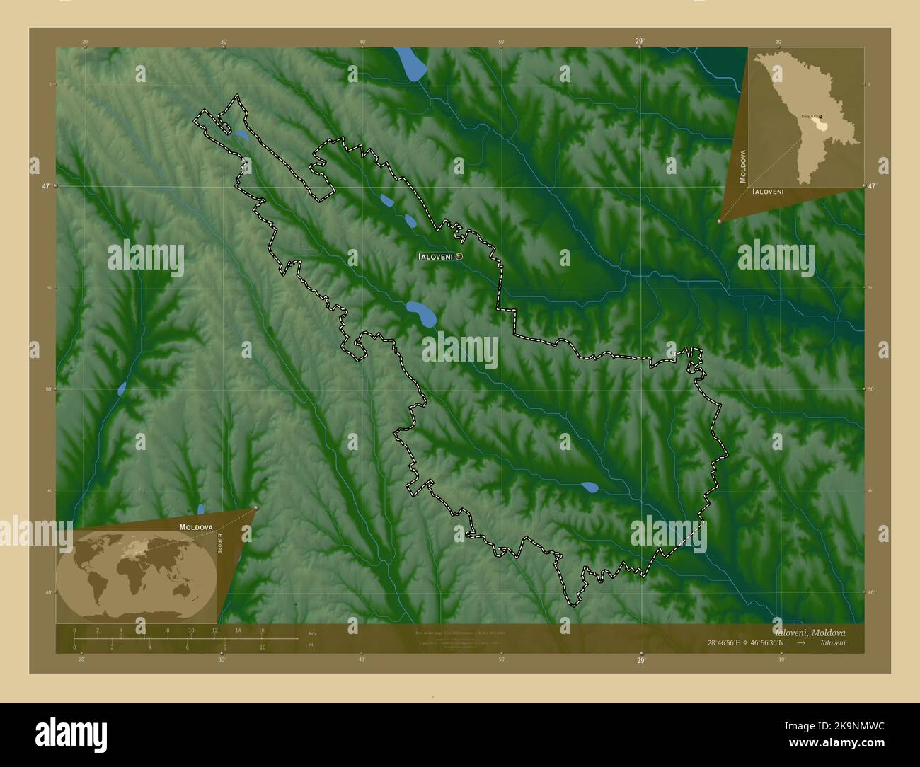 Ialoveni, district of Moldova. Colored elevation map with lakes and ...