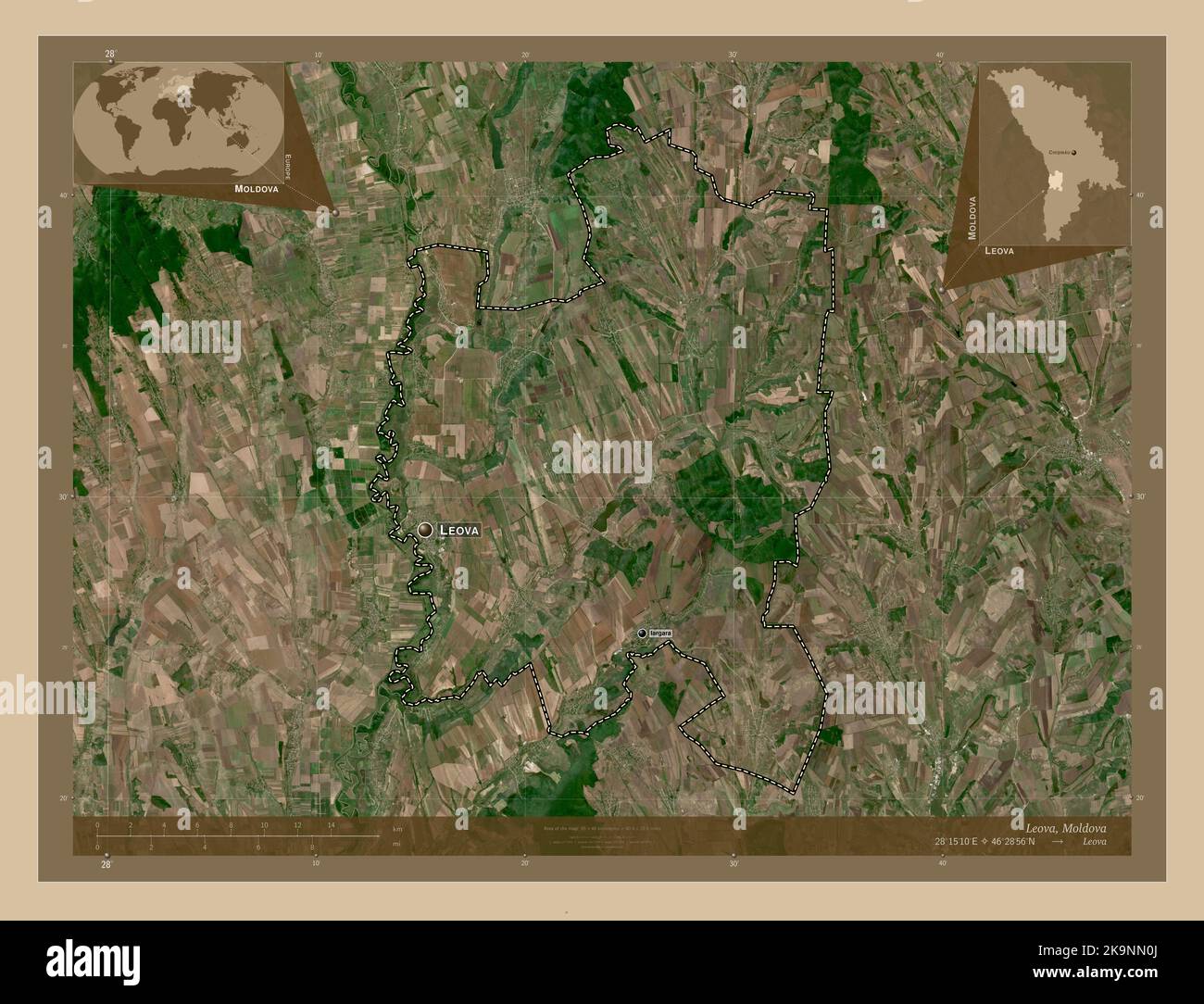 Leova, district of Moldova. Low resolution satellite map. Locations and names of major cities of ...