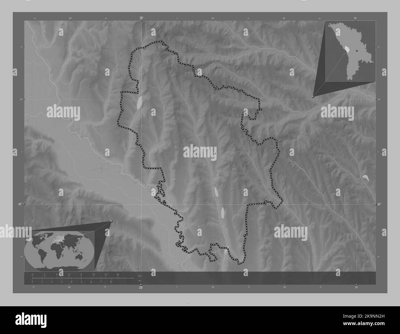 Nisporeni, district of Moldova. Grayscale elevation map with lakes and ...