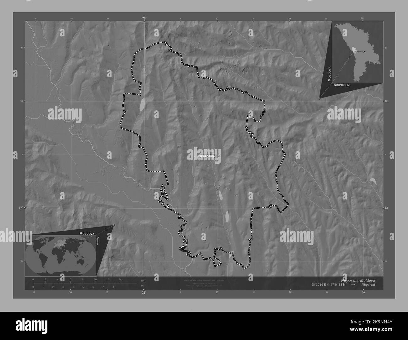 Nisporeni, district of Moldova. Bilevel elevation map with lakes and ...