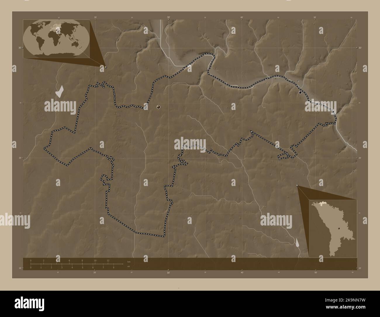 Ocnita, district of Moldova. Elevation map colored in sepia tones with ...