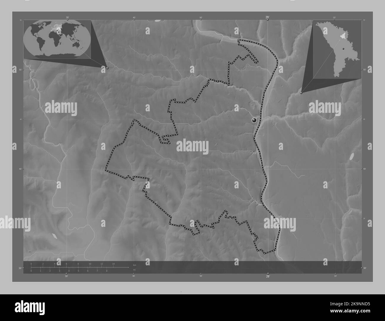 Rezina, district of Moldova. Grayscale elevation map with lakes and ...