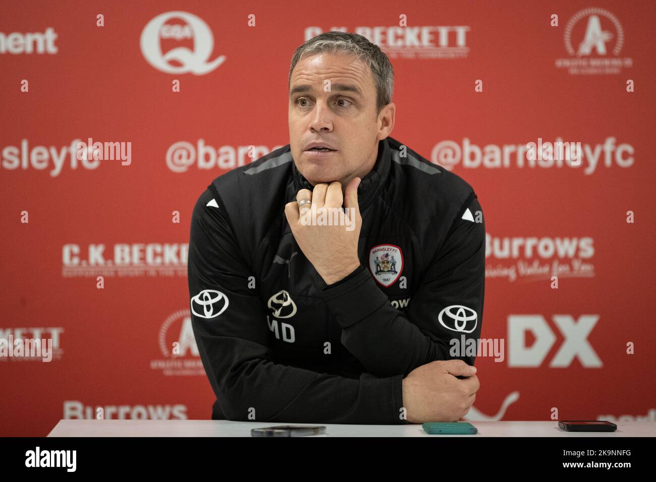Michael Duff Head coach of Barnsley speaking to the media after the Sky ...
