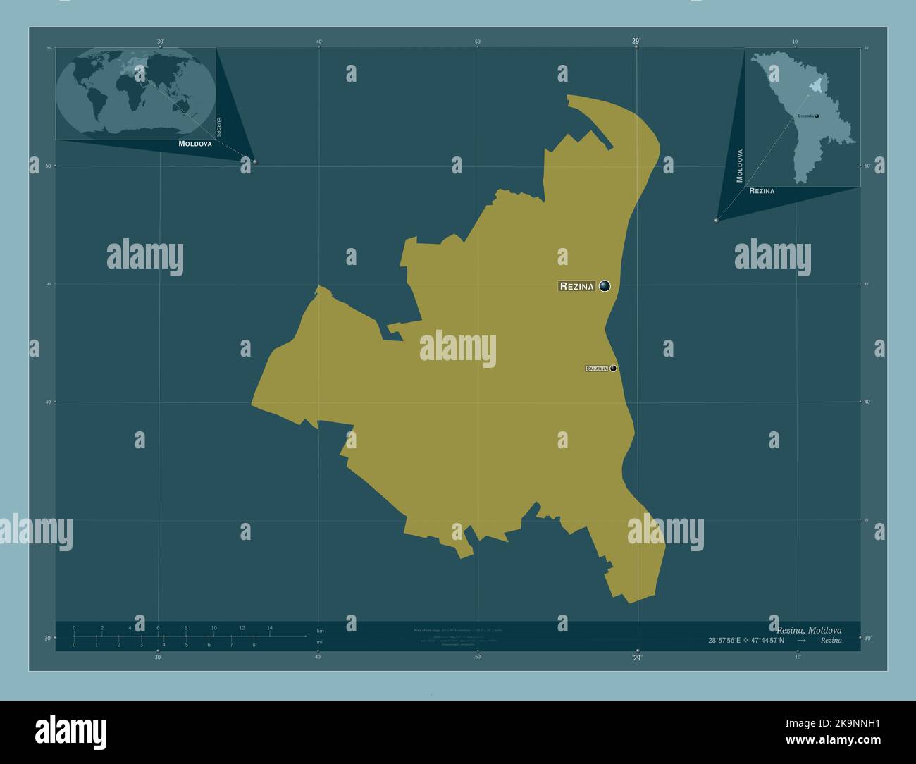 Rezina, district of Moldova. Solid color shape. Locations and names of ...
