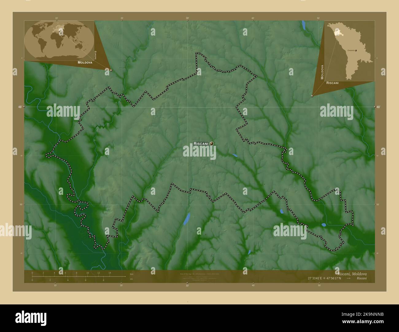 Riscani, district of Moldova. Colored elevation map with lakes and ...