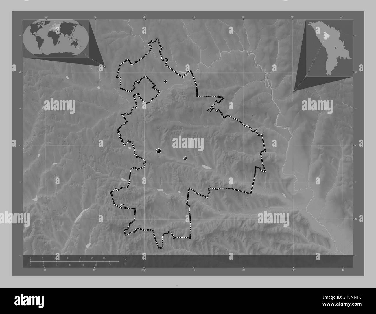 Singerei, district of Moldova. Grayscale elevation map with lakes and ...