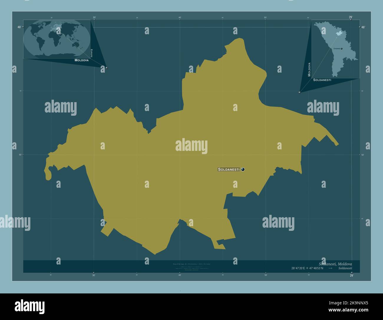 Soldanesti, district of Moldova. Solid color shape. Locations and names ...
