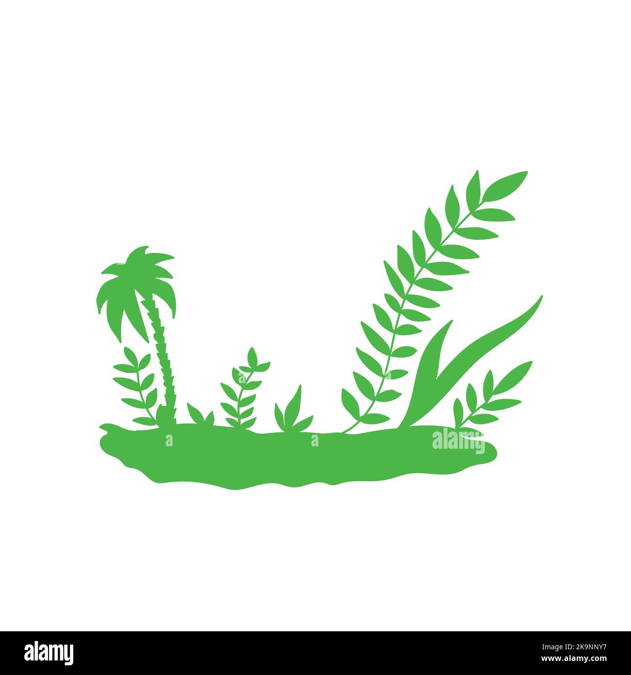 Cartoon style green silhouette of the tropical island with palms and ...