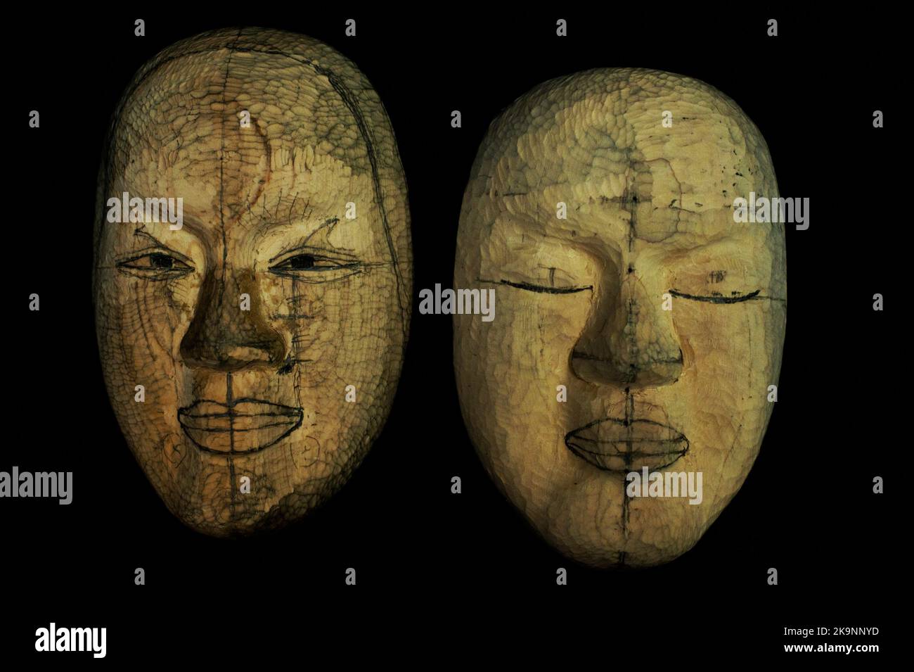 Two student's masks in the process of carving: on left by Kitagawara ...
