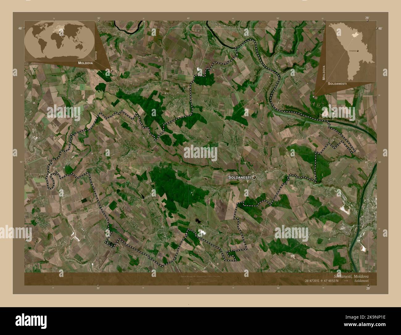 Soldanesti, district of Moldova. Low resolution satellite map ...