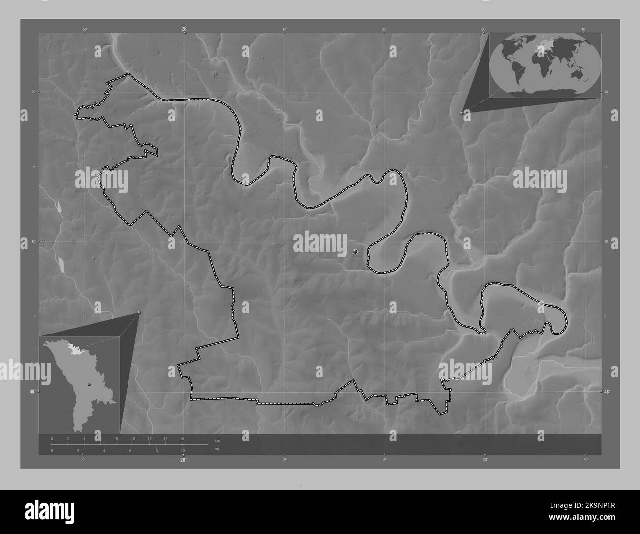 Soroca, district of Moldova. Grayscale elevation map with lakes and ...