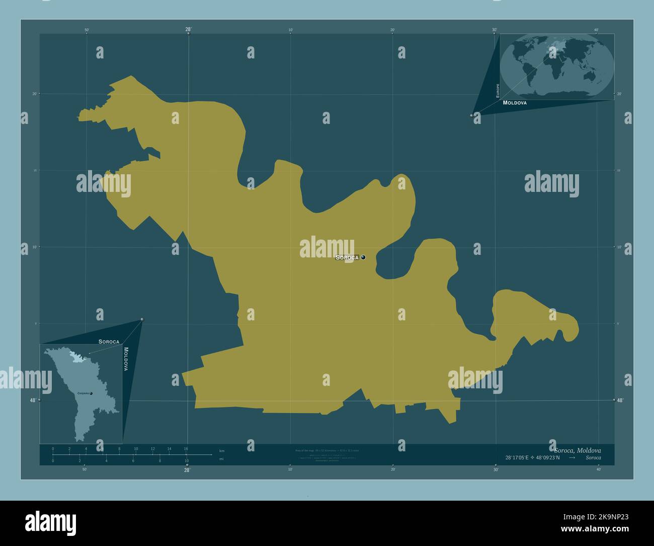 Soroca, district of Moldova. Solid color shape. Locations and names of ...