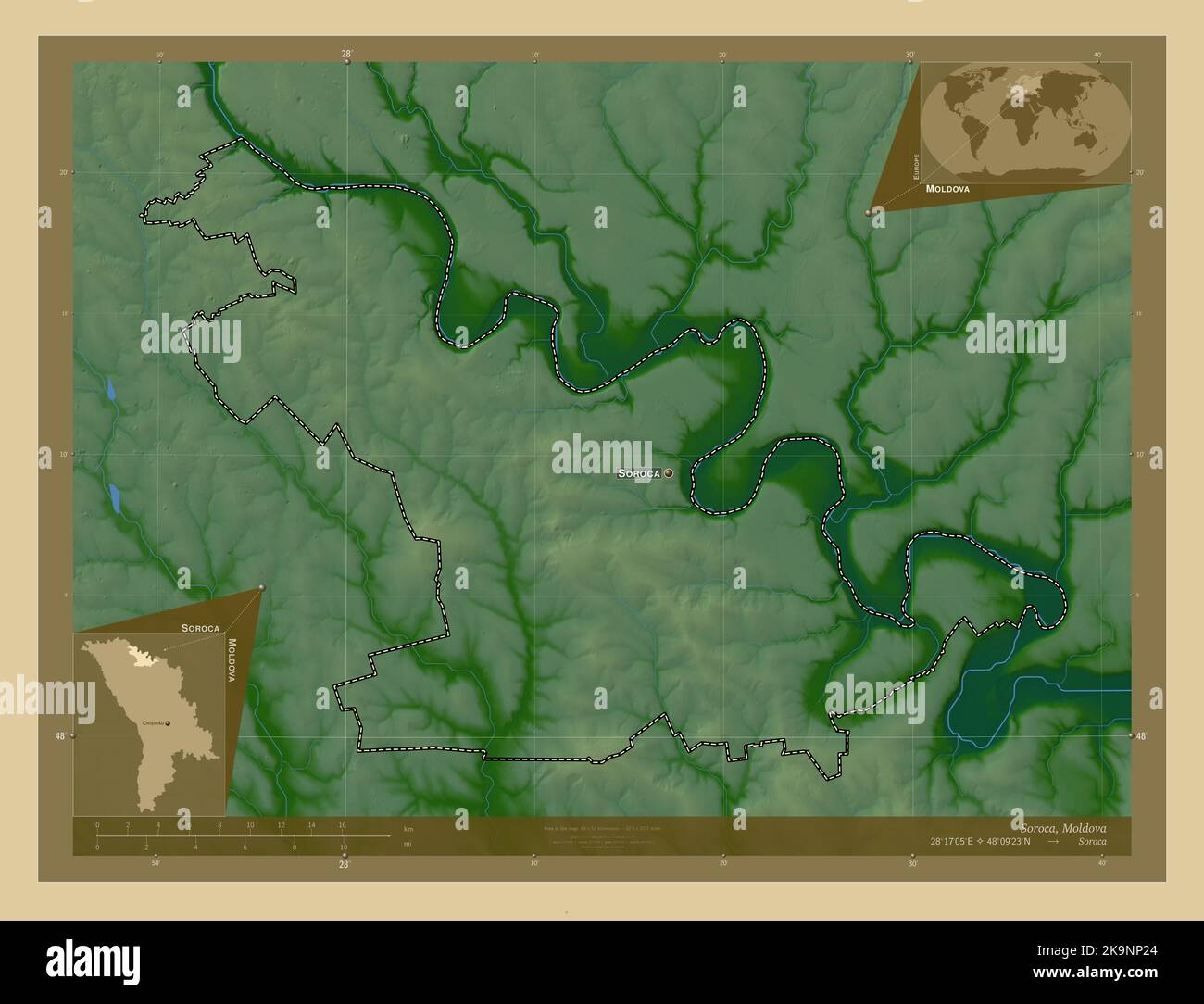 Soroca, district of Moldova. Colored elevation map with lakes and ...