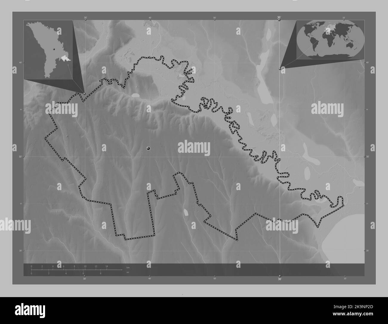 Stefan Voda, district of Moldova. Grayscale elevation map with lakes ...