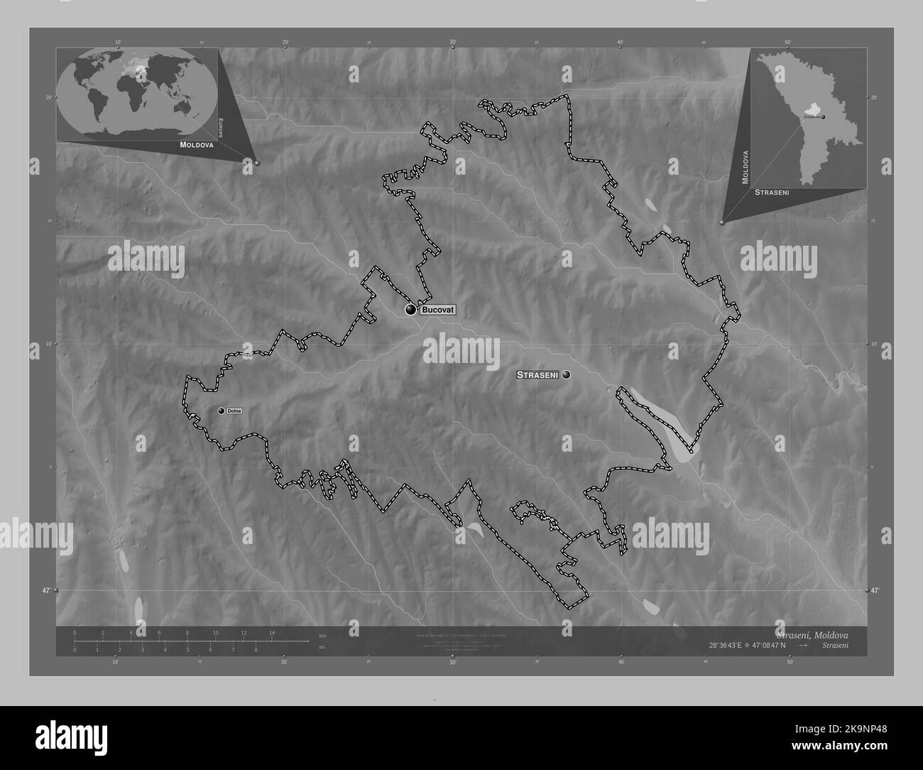 Straseni, district of Moldova. Grayscale elevation map with lakes and ...
