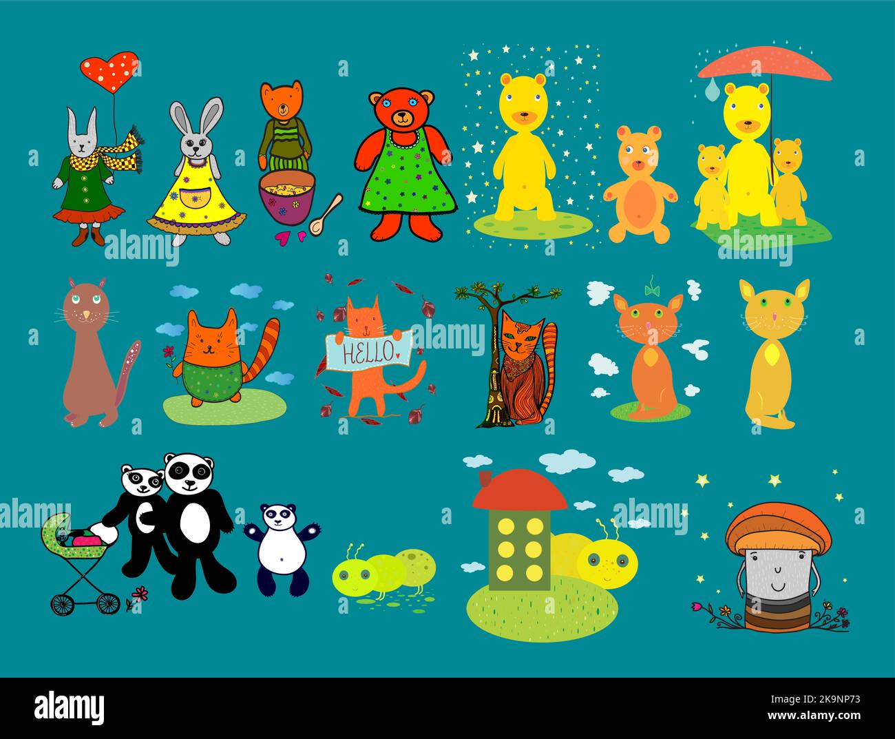 Collection of funny cartoon different animals on colorful background ...