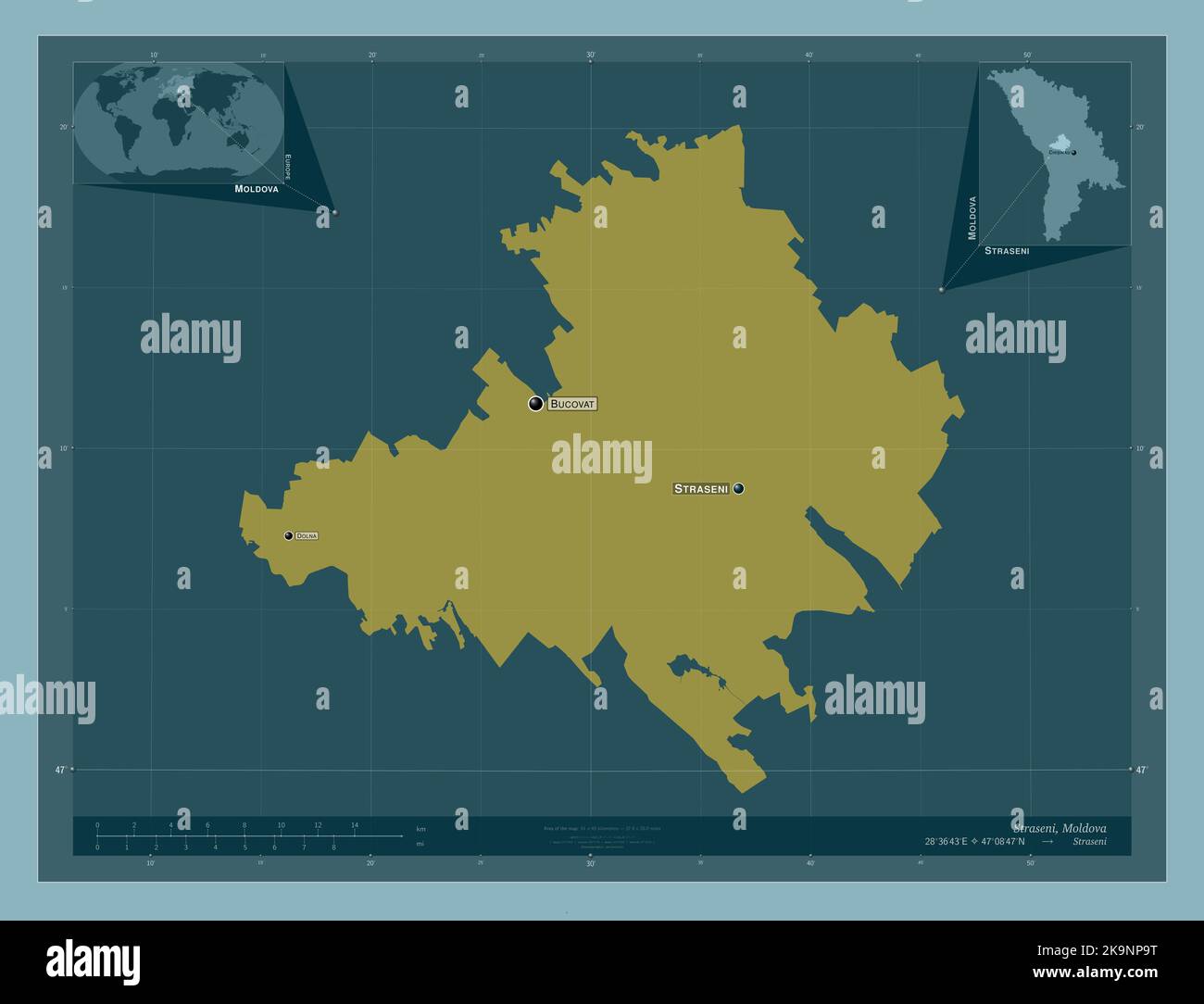 Straseni, district of Moldova. Solid color shape. Locations and names ...