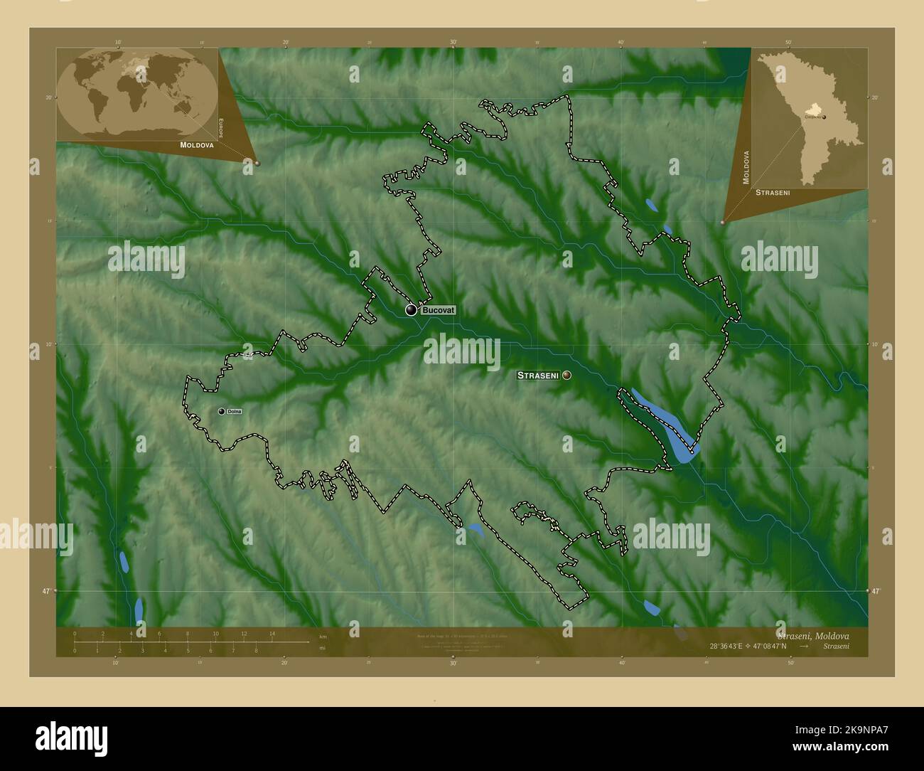 Straseni, district of Moldova. Colored elevation map with lakes and ...