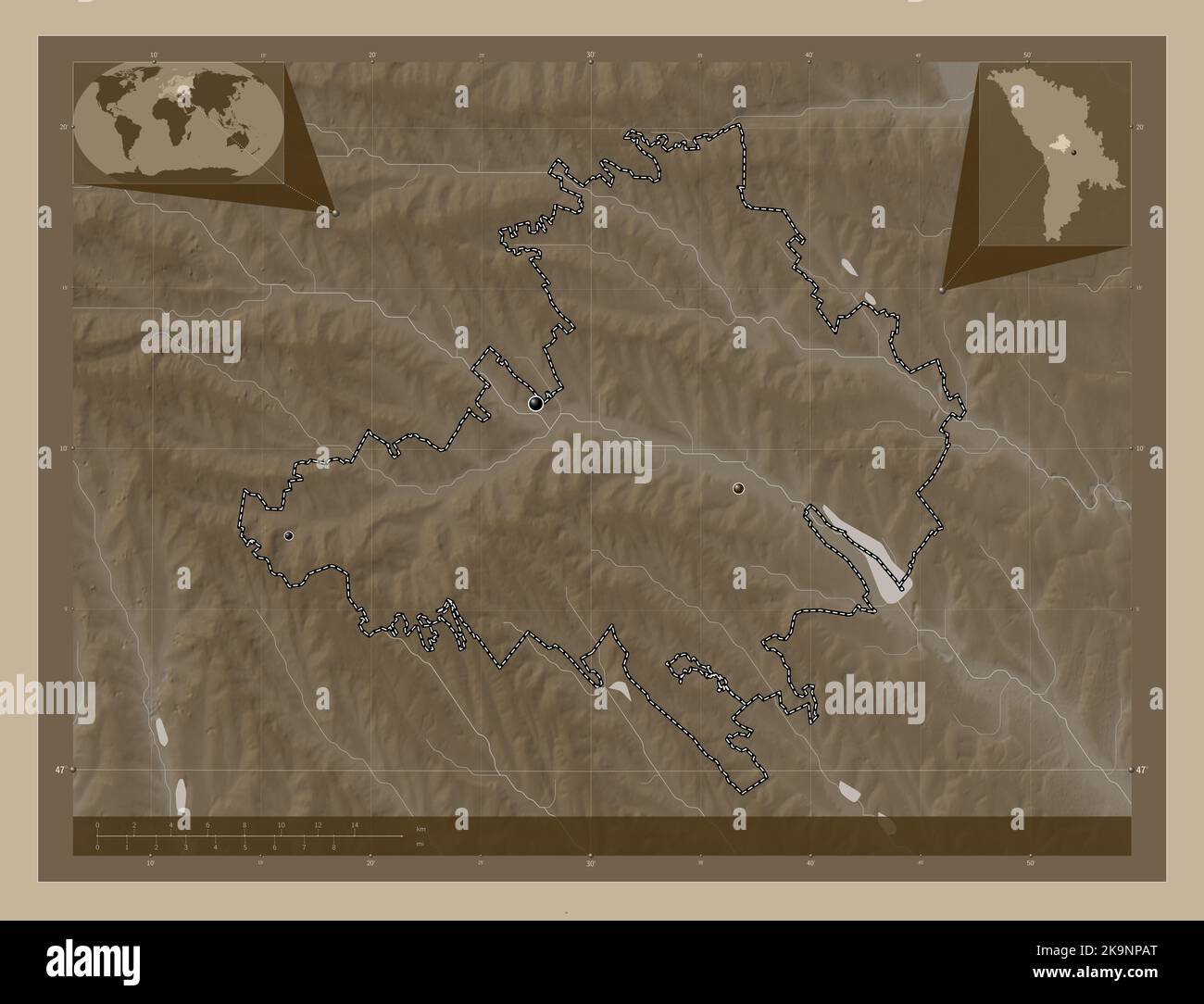 Straseni, district of Moldova. Elevation map colored in sepia tones ...