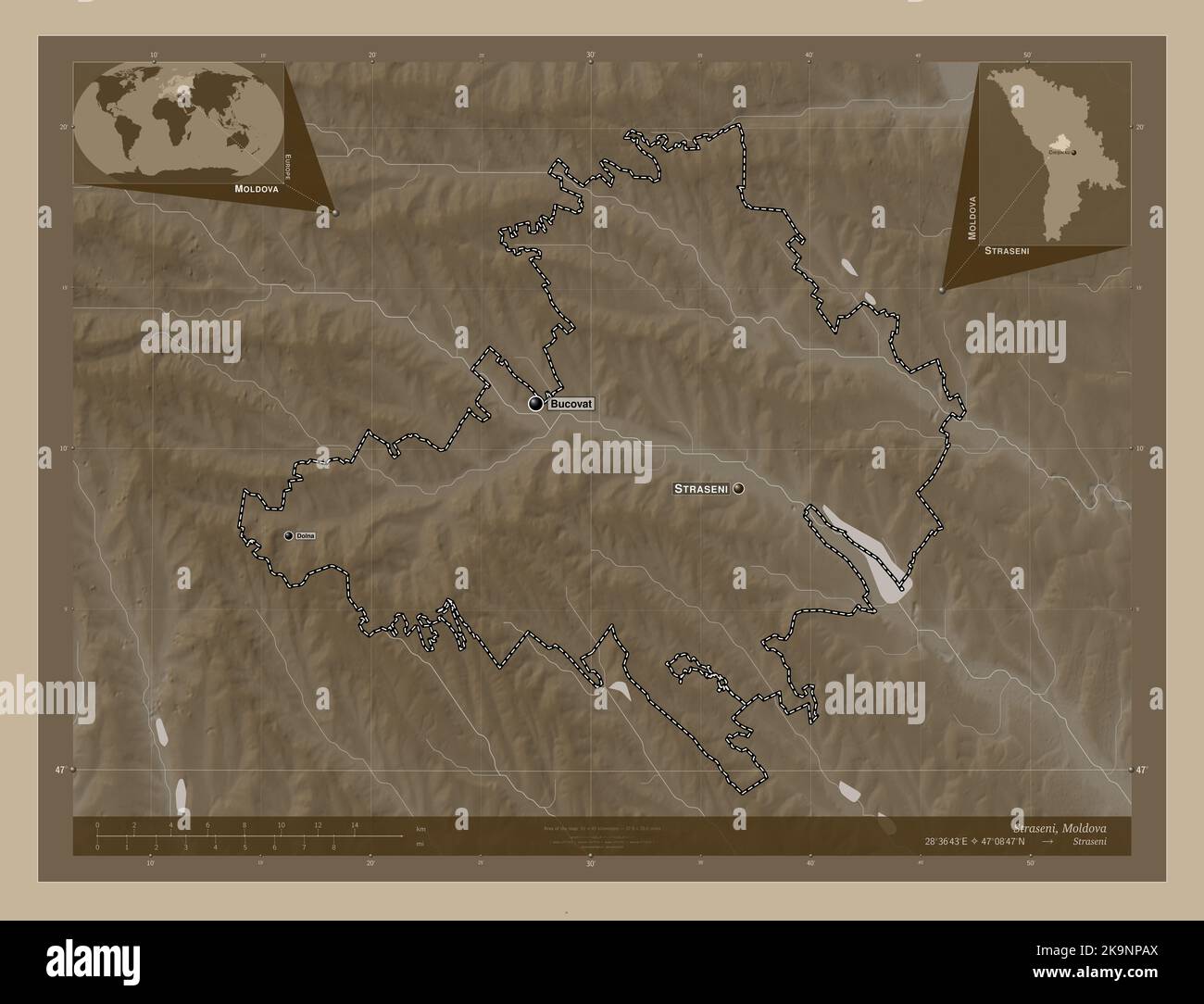 Straseni, district of Moldova. Elevation map colored in sepia tones ...