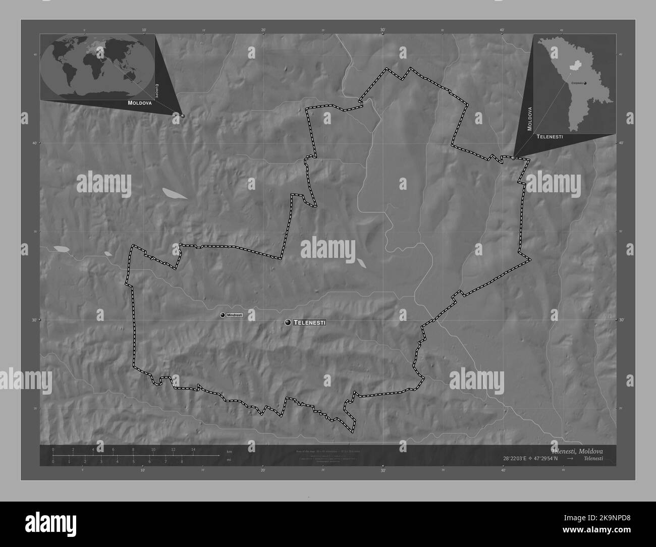 Telenesti, district of Moldova. Bilevel elevation map with lakes and ...