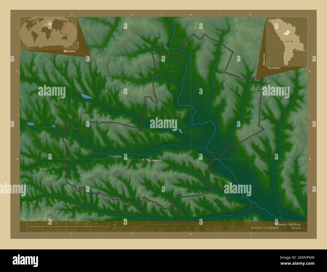 Telenesti, district of Moldova. Colored elevation map with lakes and ...