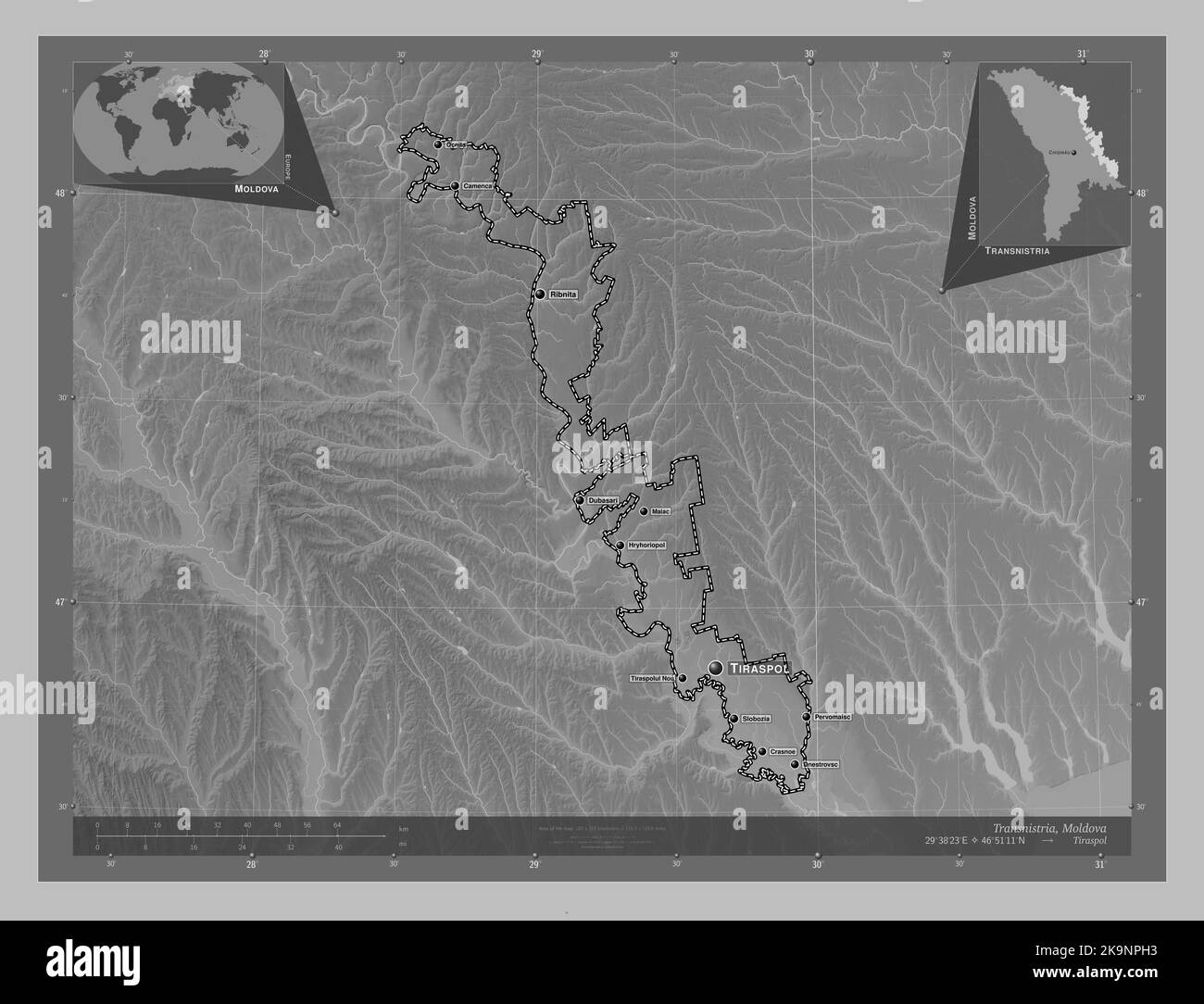 Transnistria, territorial unit of Moldova. Grayscale elevation map with ...