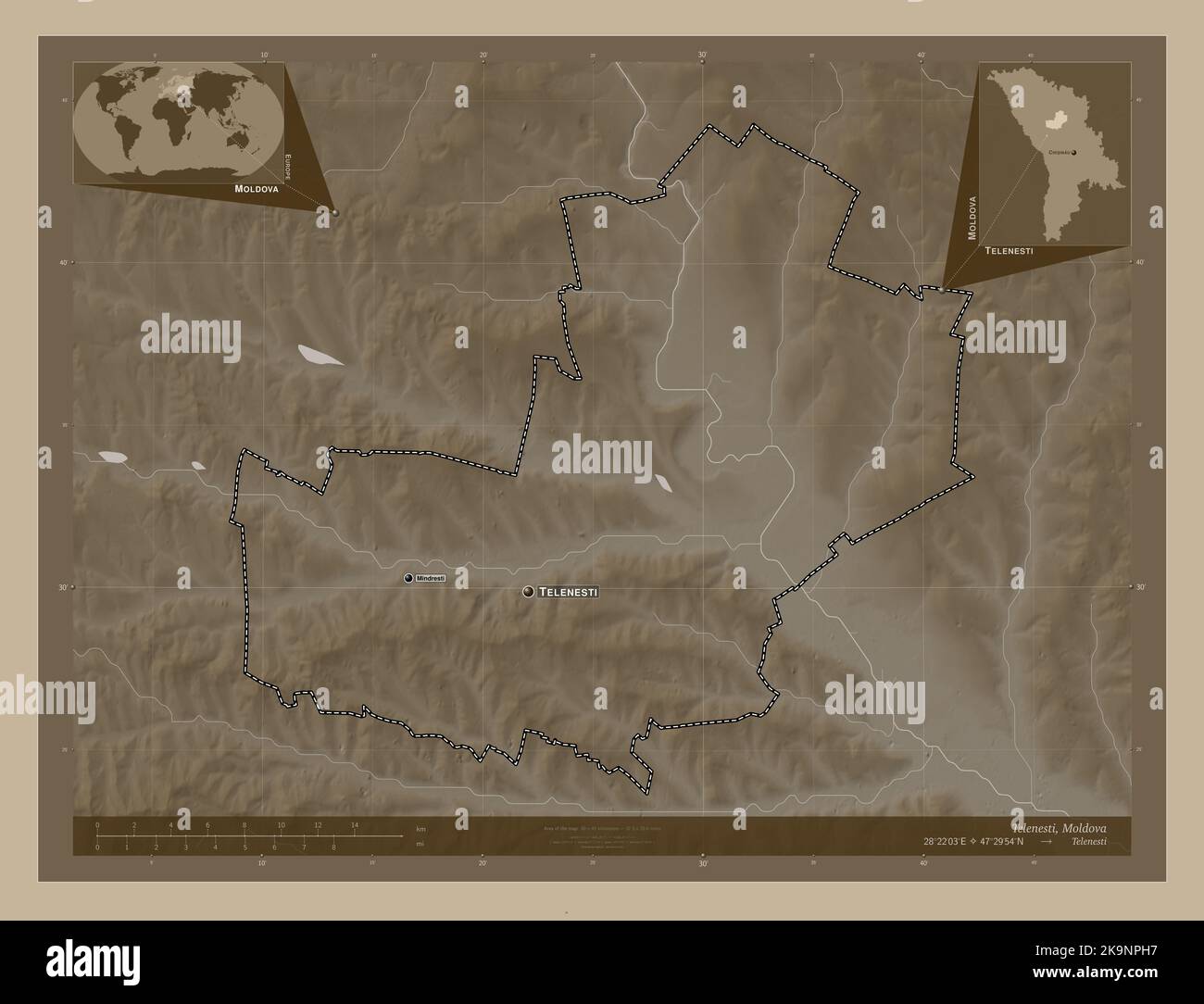 Telenesti, district of Moldova. Elevation map colored in sepia tones ...
