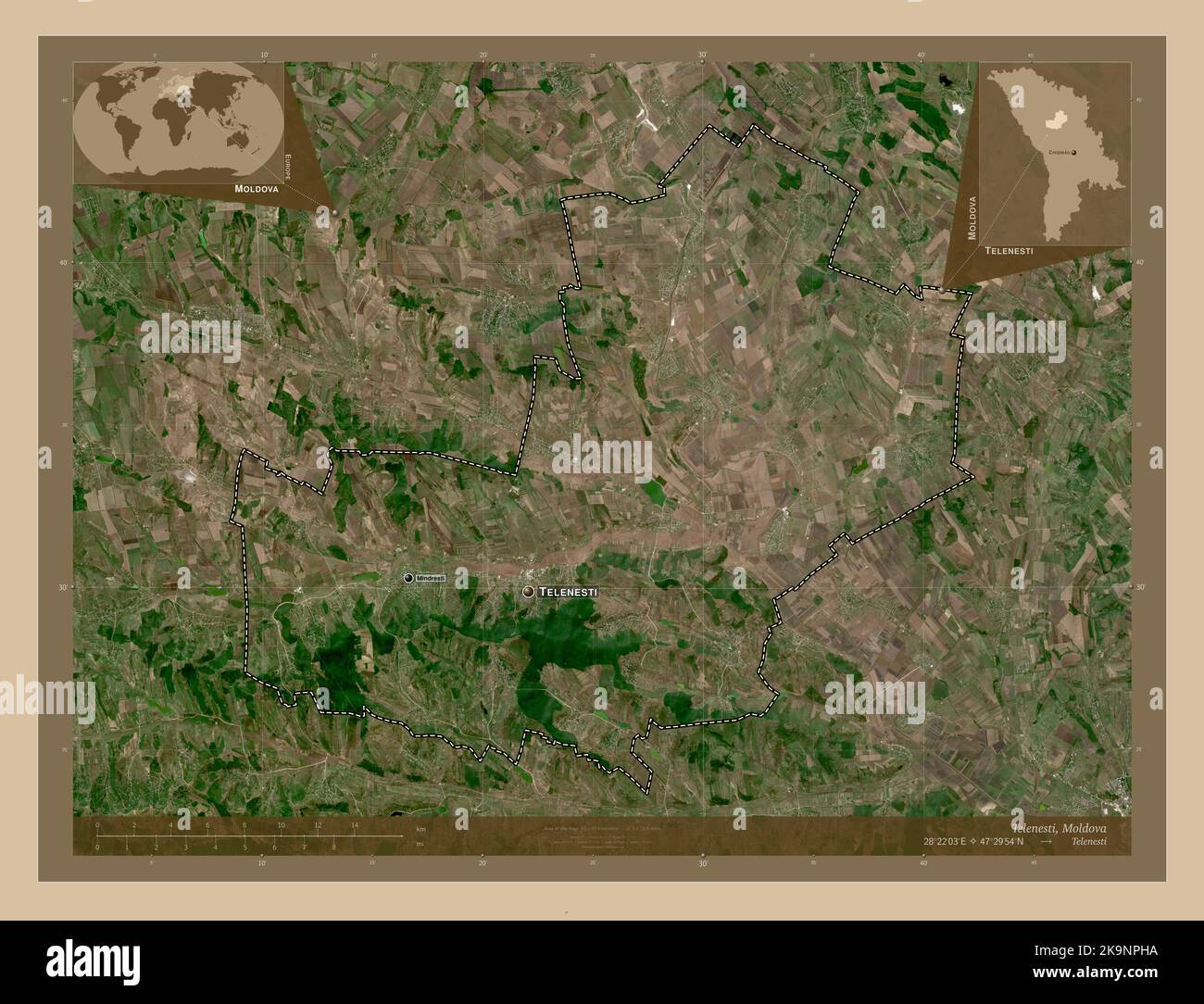 Telenesti, district of Moldova. Low resolution satellite map. Locations ...