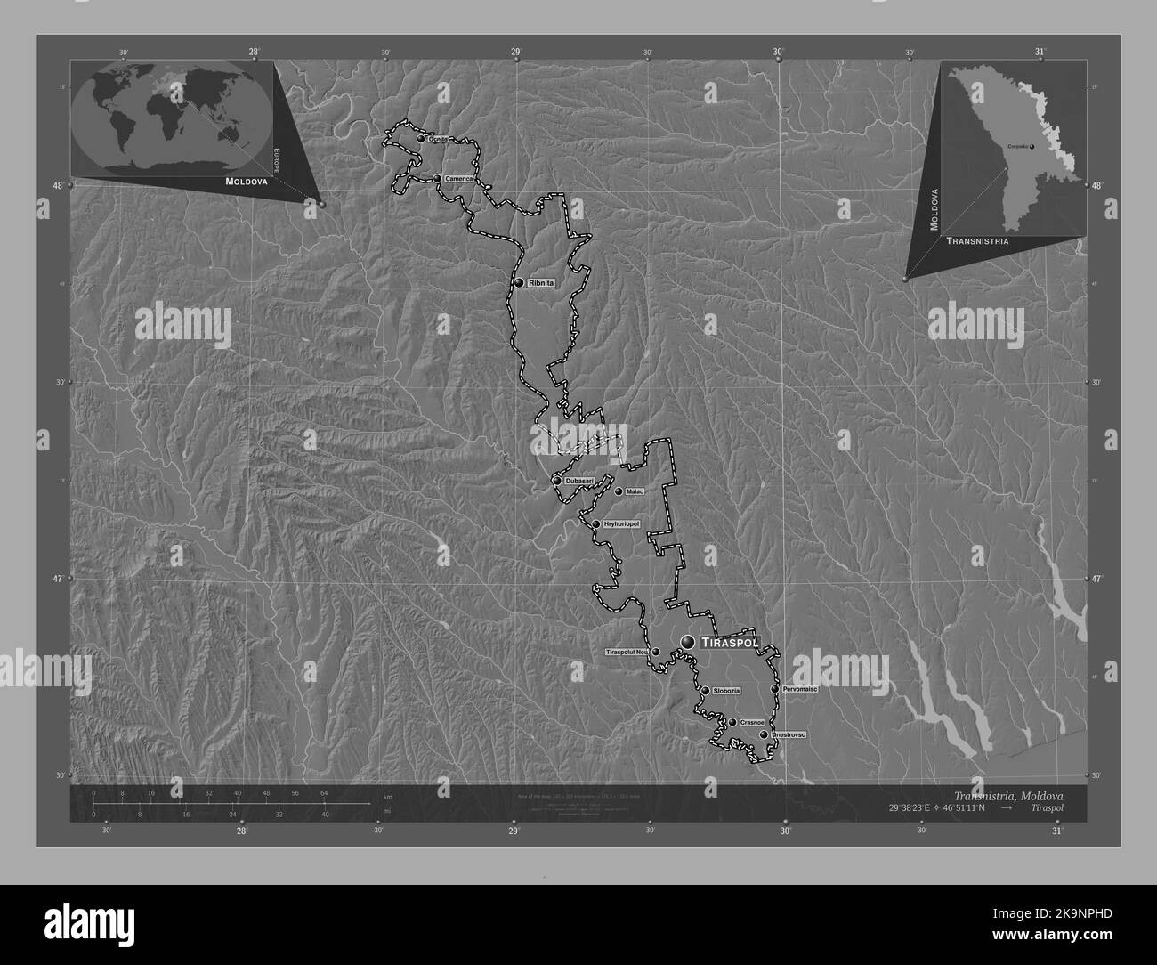 Transnistria, territorial unit of Moldova. Bilevel elevation map with ...